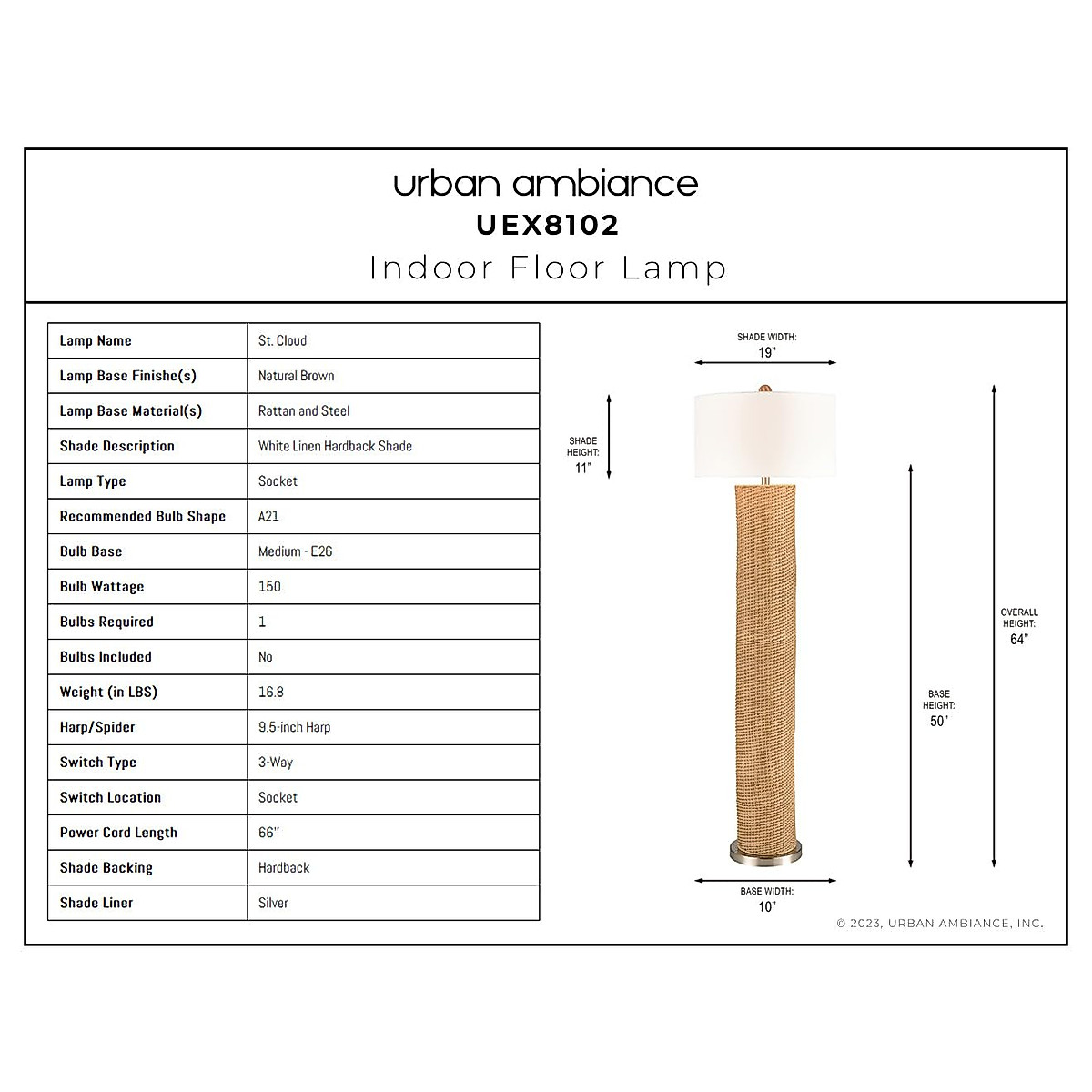 Urban Ambiance Luxury Scandinavian Floor Lamp, 19''W x 19''D x 64''H, with Modern-Farmhouse Elements, Natural Brown Finish and a White Linen Hardback Shade, UEX8102
