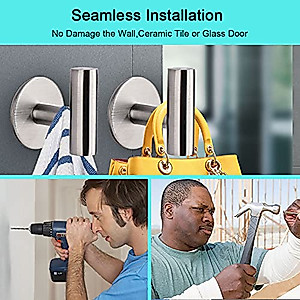 SHAREWIN Adhesive Towel Hooks Bathroom Wall Mounted Matte Black Hook 304 Stainless Steel Hanging Coat Rack Robe for Kitchen Bathroom Shower Home Door 2 Packs (Brushed Nickel Silver)