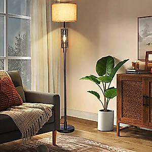 SURAIELEC Farmhouse Floor Lamp with LED Nightlight Bulb, Rustic Tall Lamps for Living Room, Traditional Standing Lamps for Bedroom, Beige Linen Drum Shade, Oil Rubbed Bronze Finish, Foot Switch