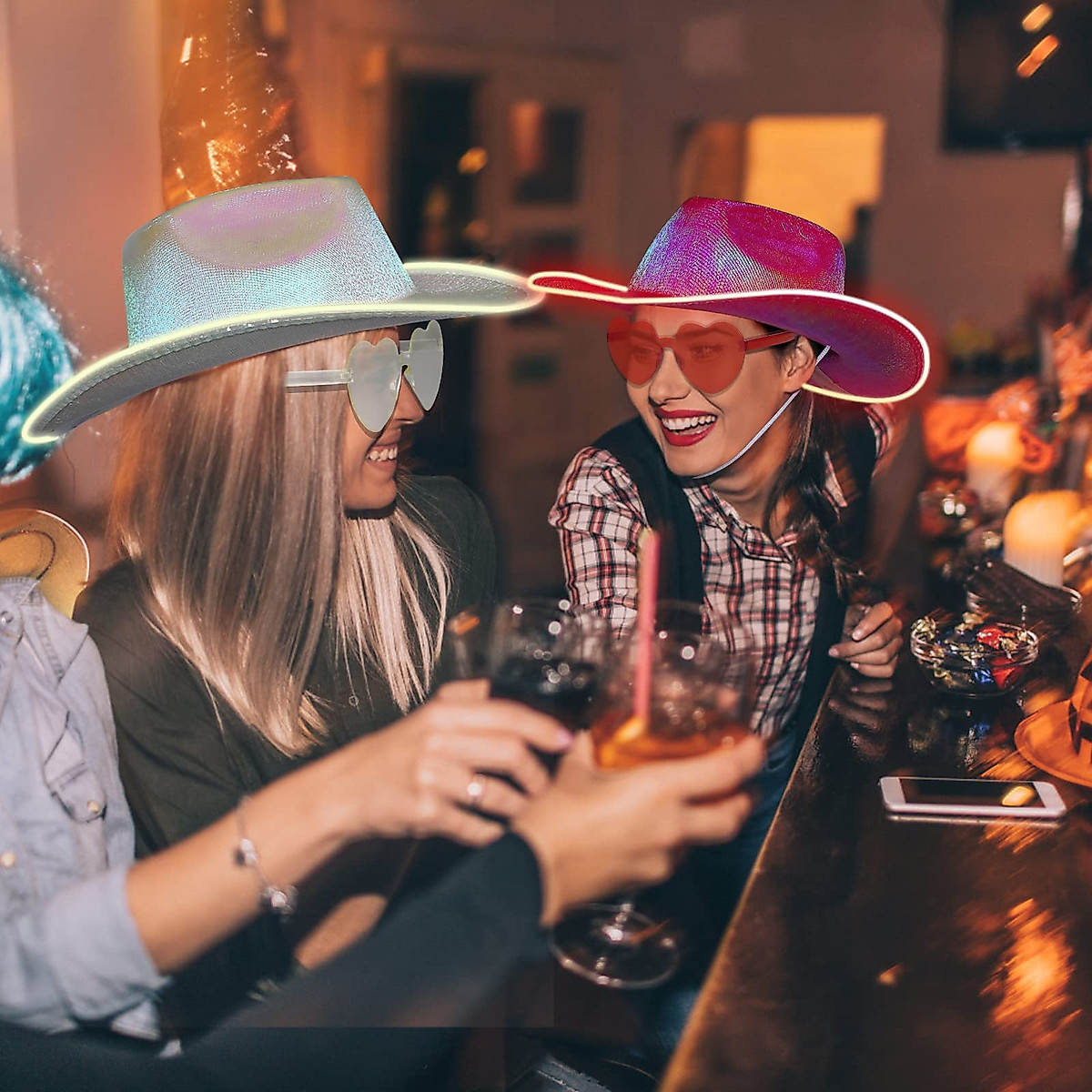 quescu Light Up Cowboy Hat for Women, Men,LED Cowgirl Hat,Sparkly Space Cowboy Hats for Party,Halloween Costume Dress Up (B-Pink)