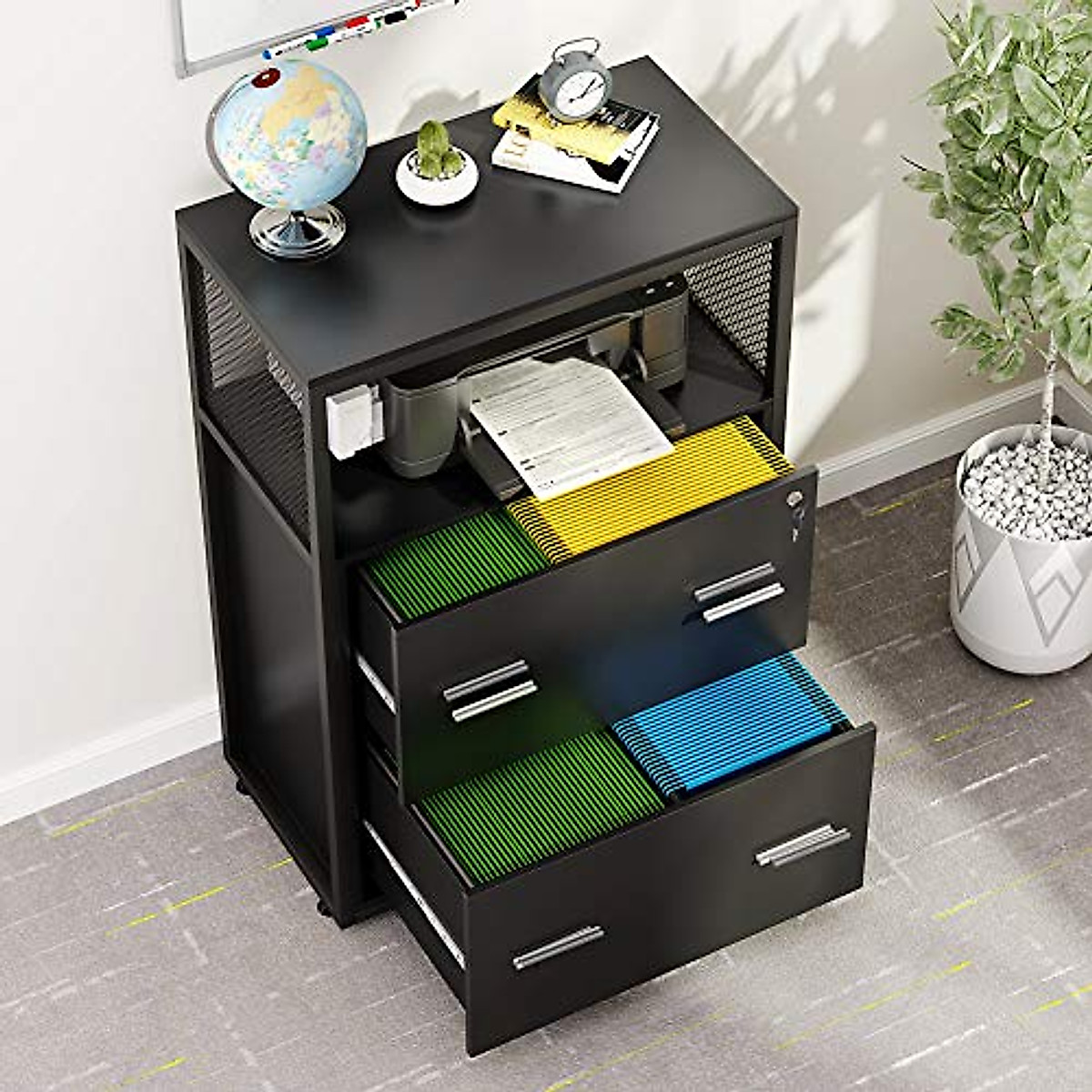 Tribesigns 2 Drawer Lateral File Cabinet with Lock, Letter/Legal / A4 Size, Large Modern Filing Cabinet Printer Stand with Metal Wire Open Storage Shelves for Home Office (Black)