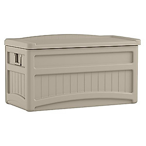 Suncast DB7500 73 Gallon Waterproof Outdoor Storage Container for Patio Furniture, Pools Toys, Yard Tools-Stor Deck Box, With Wheels, 73 Gal, Light Taupe