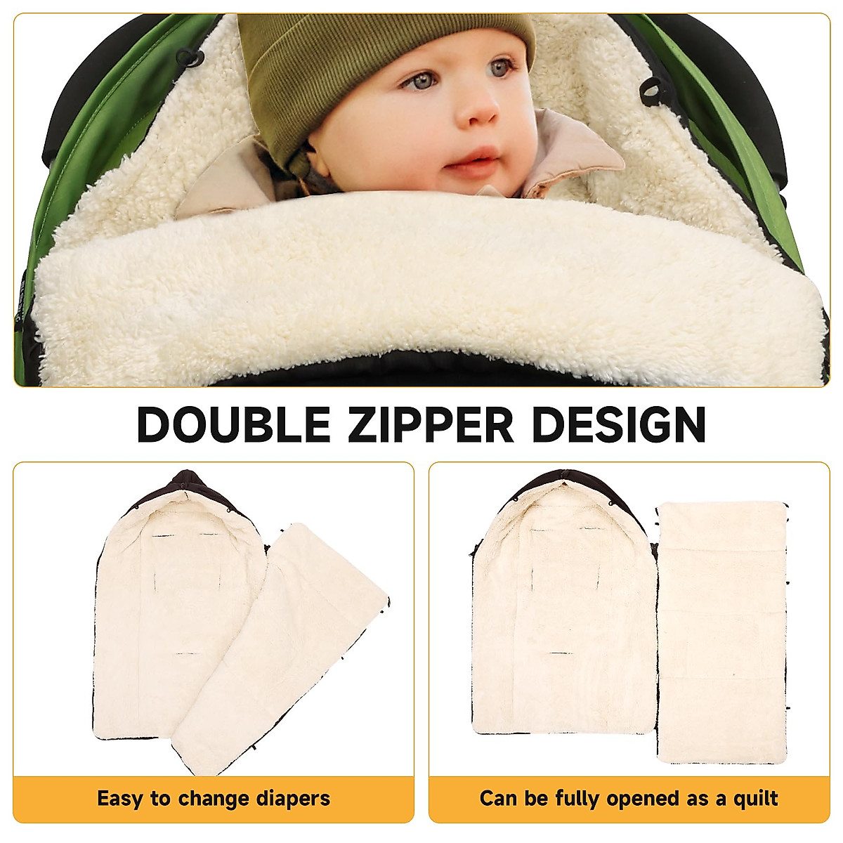 EAQ Universal Winter Warm Baby Stroller Footmuff,Muti Use Bunting Bag, Fleece Lined Washable Outdoor Sleeping Bag for Baby（Black）
