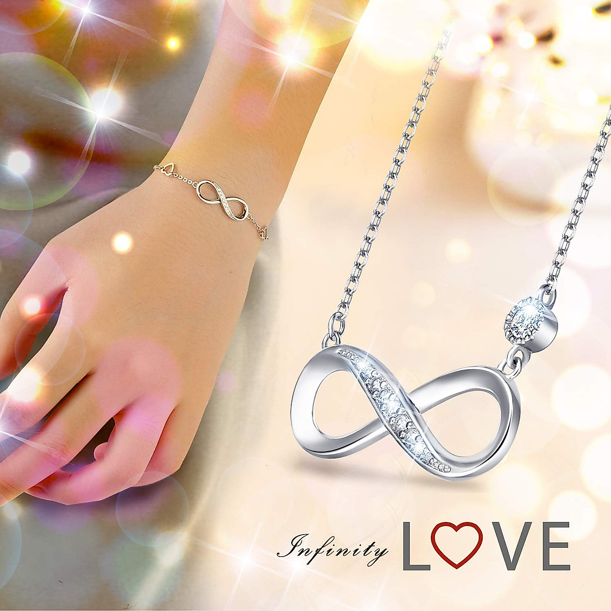 Billie Bijoux 925 Sterling Silver Necklace Bracelet One Sets Forever Love” Infinity Heart Love Jewelry Sets White Gold Plated Diamond Women Necklace