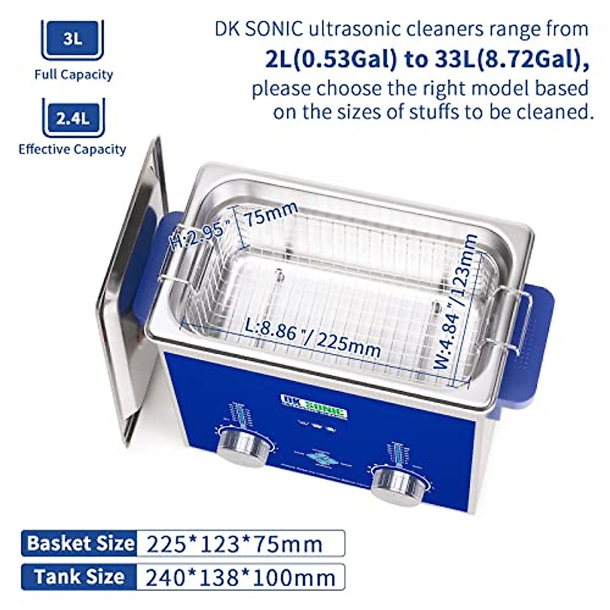 DK SONIC Ultrasonic Cleaner - Ultrasonic Jewelry Cleaner,Sonic Cleaner,Ultrasound Lab,Dental Tool,Carburetor,Gun,Parts,Denture Cleaning Machine with Encoded Timer and Heater(0.79Gal-3L)