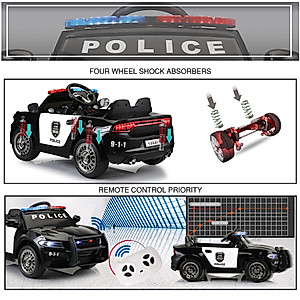TOBBI 12V Kids Police Car Ride on with Remote Control, Battery Powered Vehicle Electric Car for Kids w/Siren Flashing Light, Megaphone, Car Keys, USB, Music, Spring Suspension, Pull Rod, Black