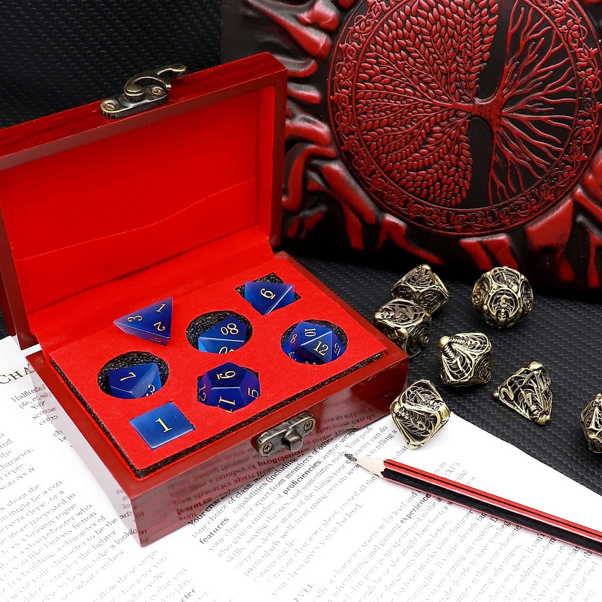 Haxtec Mystery DND Dice Set with Wood Dice Case Dual-Purpose Wooden Dice Box with Foam Insert DND Gifts D&D RPG Dice Set with Box