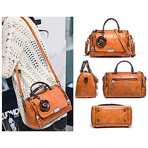 Boston Bags for Women Medium Top Handle Satchel Brown Round Purse Flower Leather Handbag