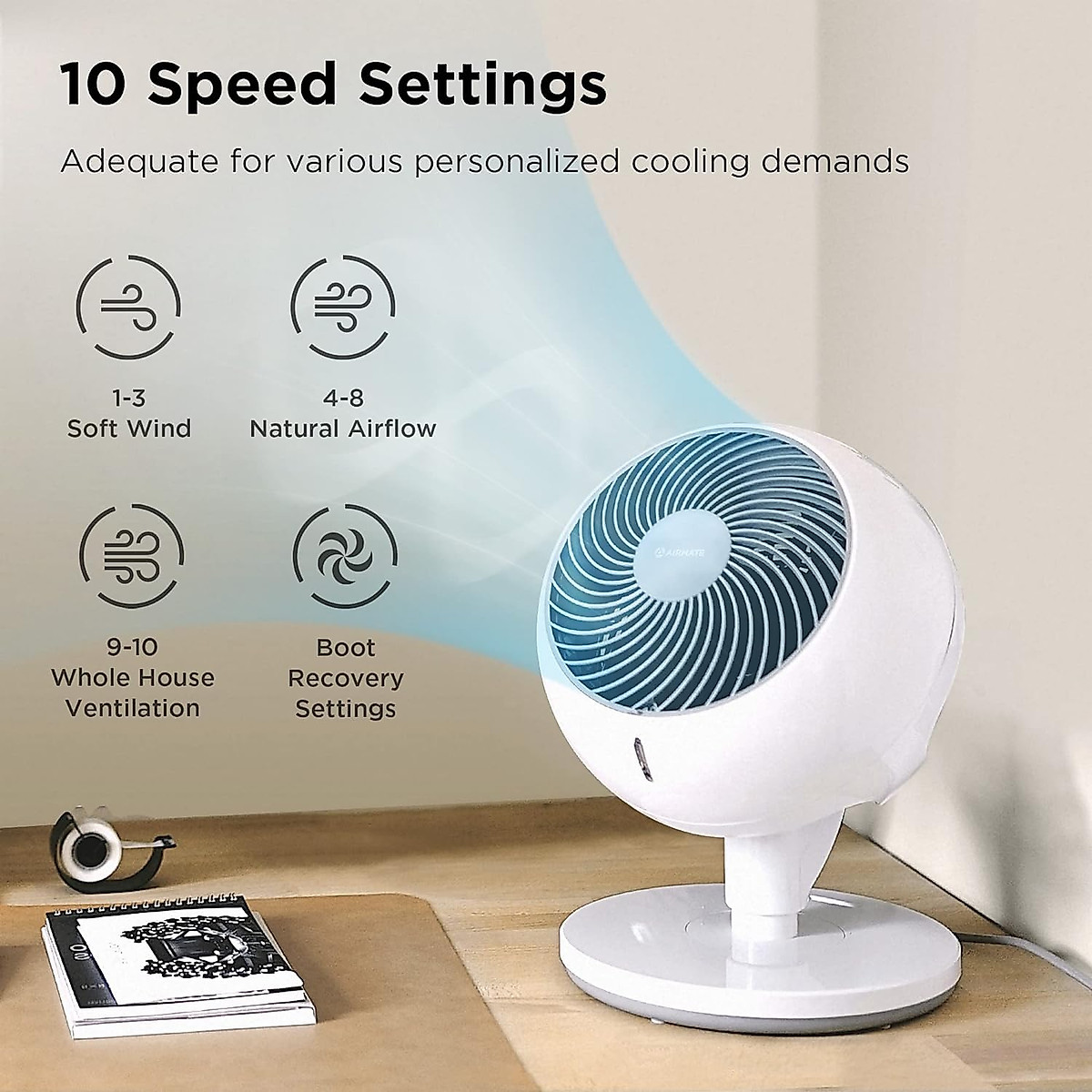 AIRMATE Large Air Circulator Fan for Bedroom, 120°+90°Oscillating Fan with Remote,12in Quiet Cooling Fans, Personal Floor Fan with Timer,10 Speeds DC Fan for Home, Office, Dorm [White]