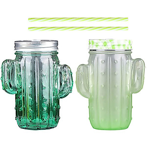 SEWACC 2 Sets Cactus Drinking Glasses Plant Shape Glass Straw Cup Creative Cute Shot Glasses Water Cups Iced Coffee Cup Wide Mouth Bubble Cups for Cocktail Beverage 400ML