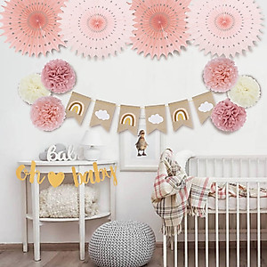 ELOPELY Boho Rainbow Baby Shower Decorations, Oh Baby Burlap Banner Tissue Pom Pom Paper Fan Dusty Rose Pink Gender Neutral Baby Shower Boy Girl Party Decoration (Pink, Beige)