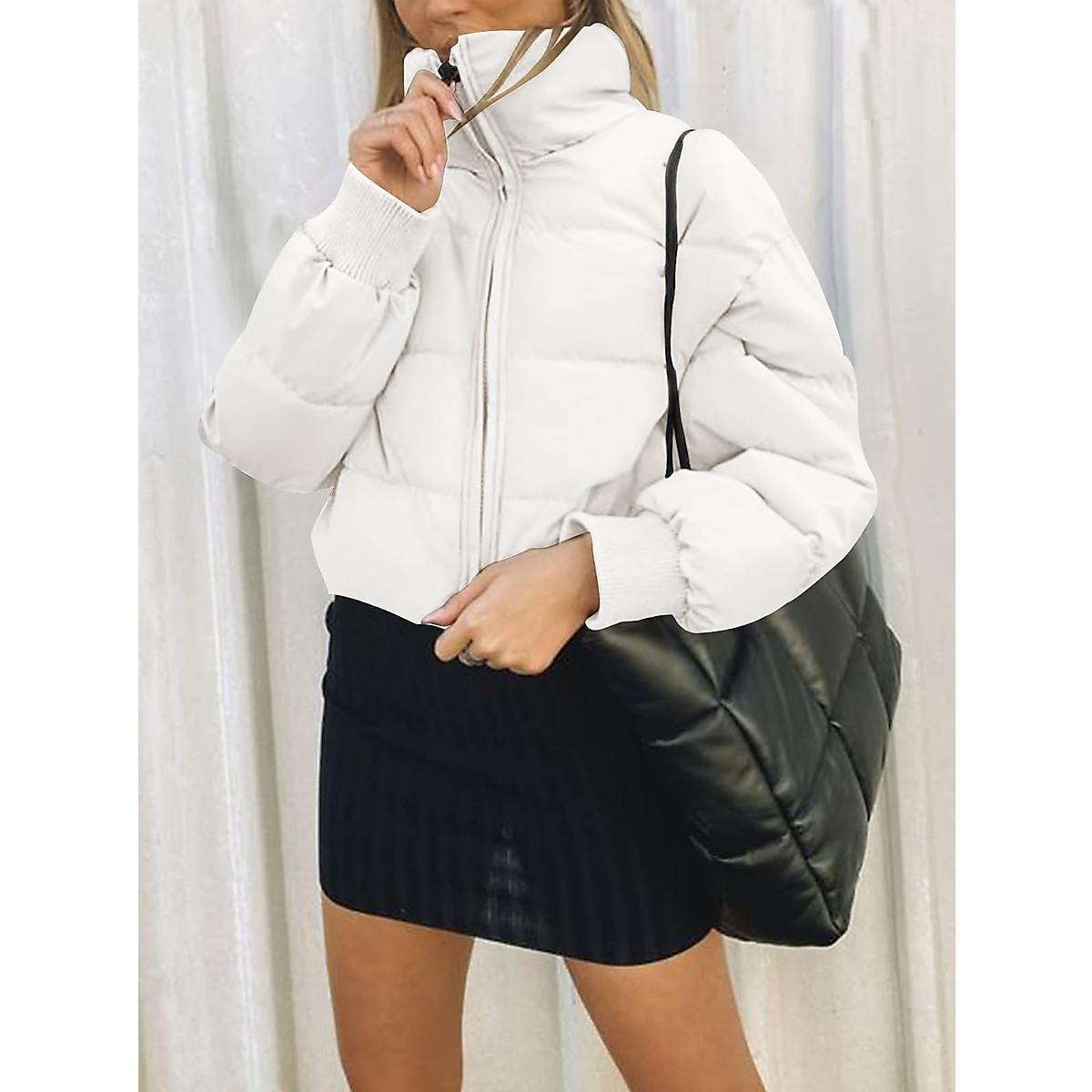 MEROKEETY Women's Winter Cropped Puffer Jacket Long Sleeve Oversized Stand Collar Zip-Up Short Down Coat