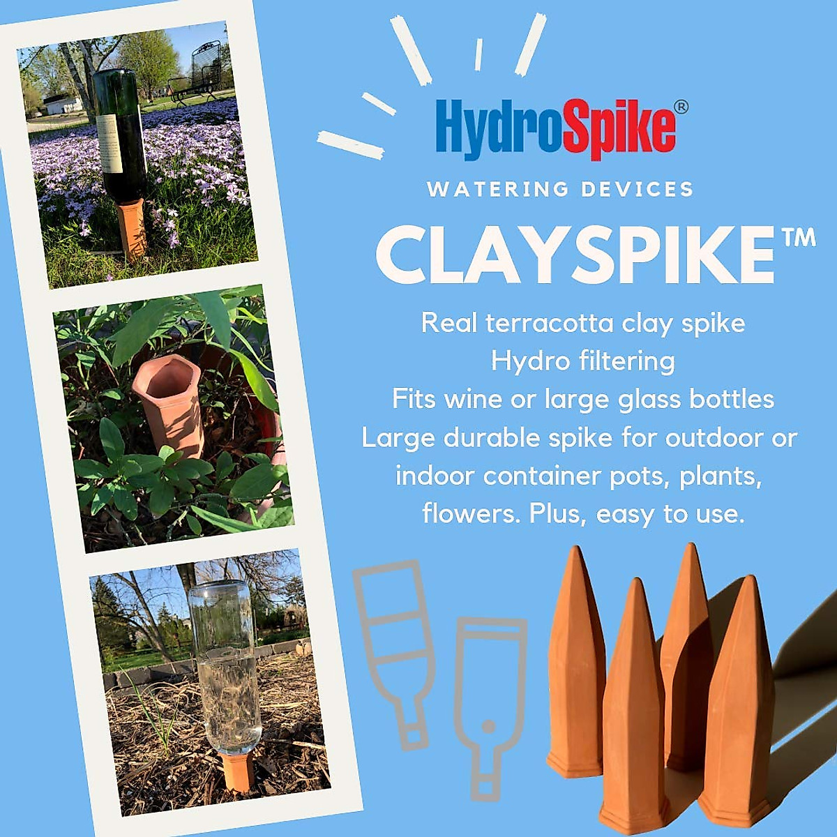 HydroSpike ClaySpike (4-Pack) Plant Terracotta Watering Spikes Kit for Outdoor Pot. 7 Inch Extra Long Stakes. Terra Cotta Self Automatic Slow Hydro Drip Irrigation System. Glass Wine Bottle Waterers