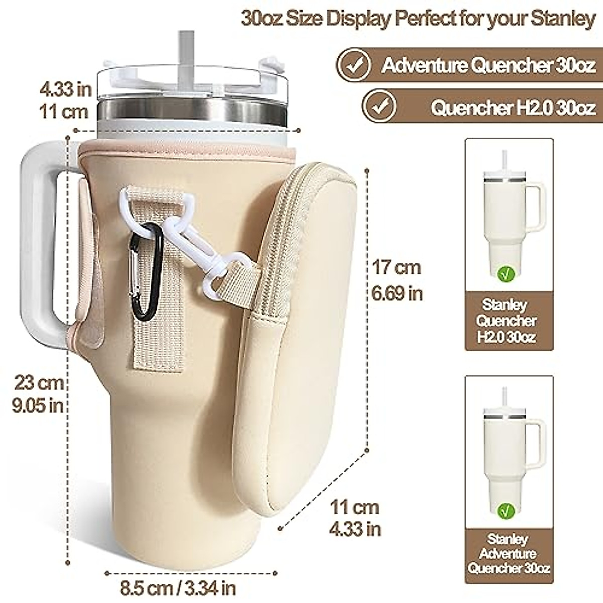 Water Bottle Carrier Bag with removable Water Bottle Pouch, Compatible with Stanley 30/40oz Tumbler with Handle, Water Bottle Holder with Adjustable Shoulder Strap & removable Water Bottle Pouch