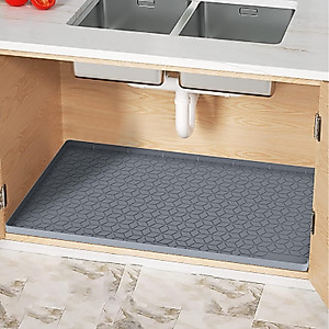 Under Sink Organizer Tray - Silicone Sink Liner with Drain Hole - Fits 36 inch Cabinet (Grey, 34X22)