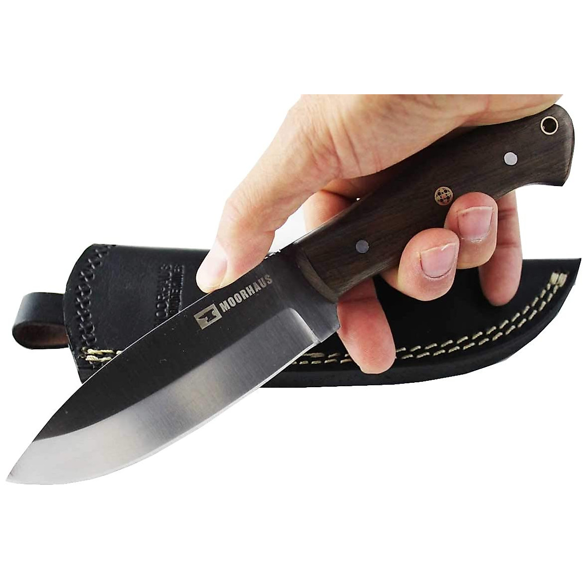 Moorhaus Handmade Full Tang Hunting Fixed Blade Knife D2 Steel - Wood Handle - Great for Camping/Hunting/Skinning/Survival/Bushcraft - includes Leather Sheath