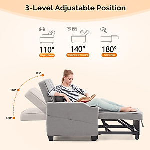 VINGLI Convertible Sleeper Chair 3-in-1 Sofa Bed Light Gray, Pull Out Couch Sleeper Sofa Recliner with USB Ports, Cup Holders, Side Pockets for Small Space Living Room, Bedroom