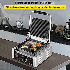 Happybuy Commercial Sandwich Panini Press Grill,110V 1800W Up Grooved and Down Flat Plates Electric Sandwich Maker, Temperature Control 122°F-572°F for Hamburgers Steaks Bacons