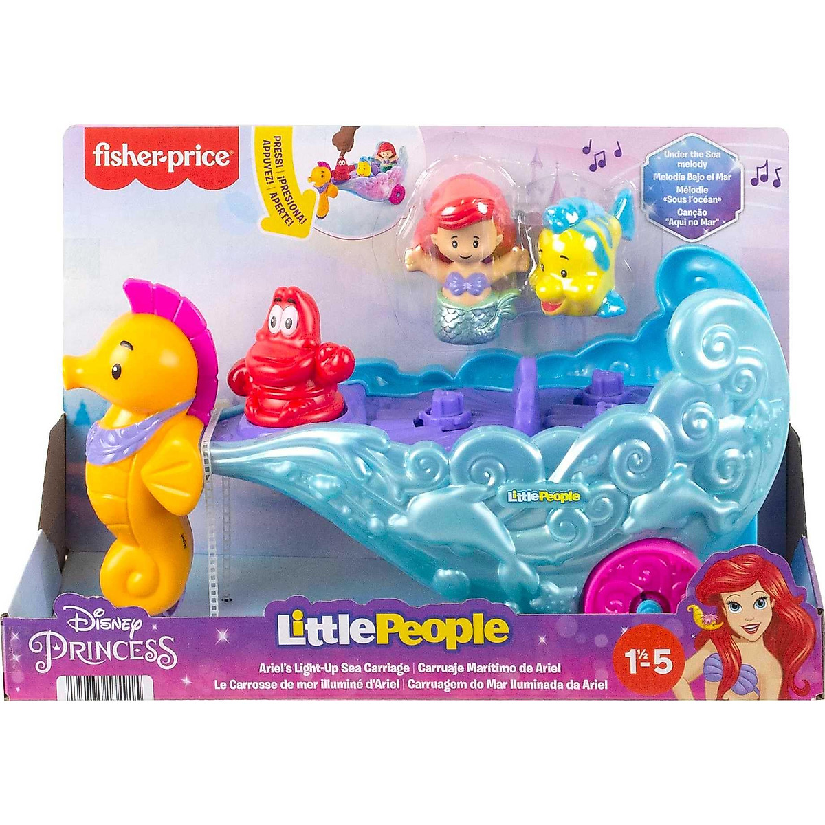 Fisher-Price Little People Toddler Toy Disney Princess Ariel's Light-Up Sea Carriage Musical Vehicle for Pretend Play Ages 18+ Months​