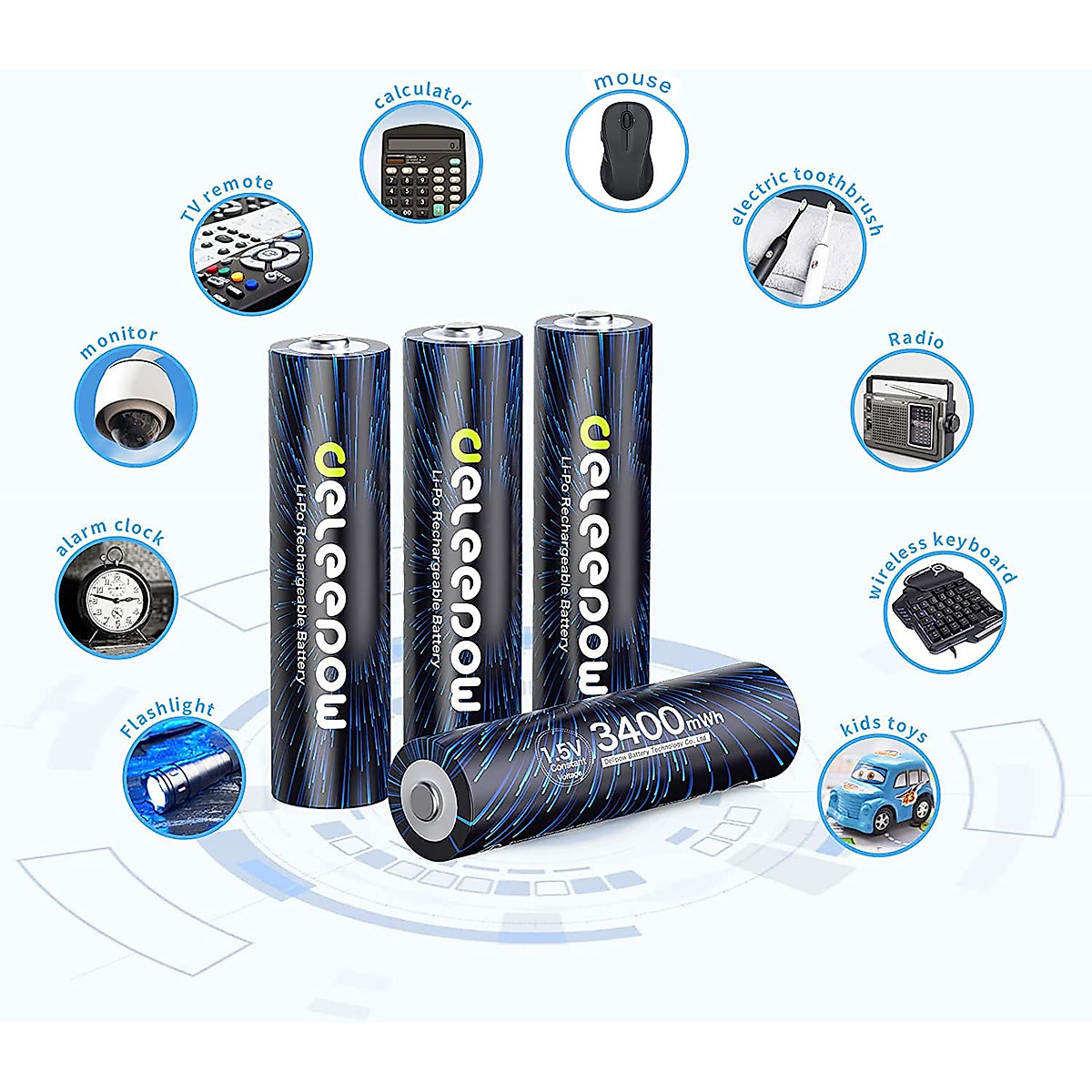 Deleepow 1.5V AA Rechargeable Batteries, Li ion Batteries 3400mWh High Capacity with LCD Charger, 1500 Cycles, 1.5H Fast Charge, 4 Packs, for Cordless Phones, Household, Business Devices, Electronics