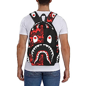 Red-Black Shark Printed Travel Laptop Backpack For Women,Print Mini Casual Daypack Waterproof Computer Bags With Ergonomic