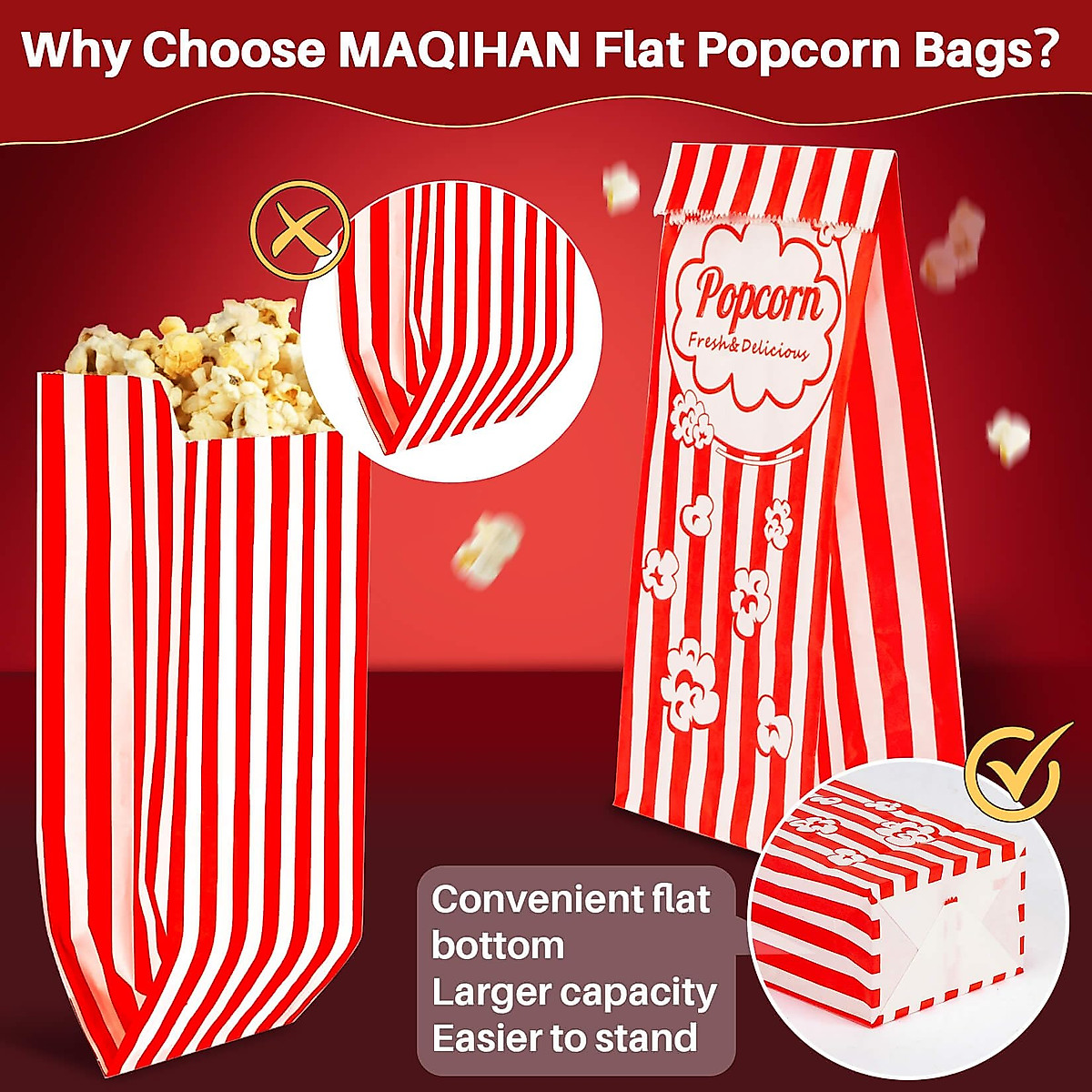 MAQIHAN 50 Popcorn Bags Individual Servings - Flat Bottom Paper Popcorn Food Bags Party Pop Corn Sleeves Bulk Carnival Halloween Snack Packs Gift Favor Treat bolsas para palomitas Movie Night Supplies