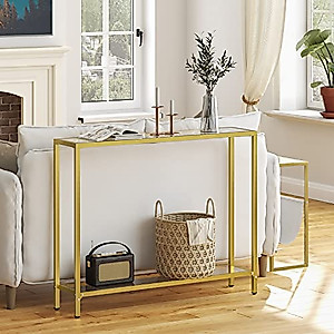 HOOBRO 39.4" Gold Console Table, Tempered Glass Sofa Table, Narrow Entryway Table, Metal Frame, Modern Style, Hallway, Living Room, GD04XG01