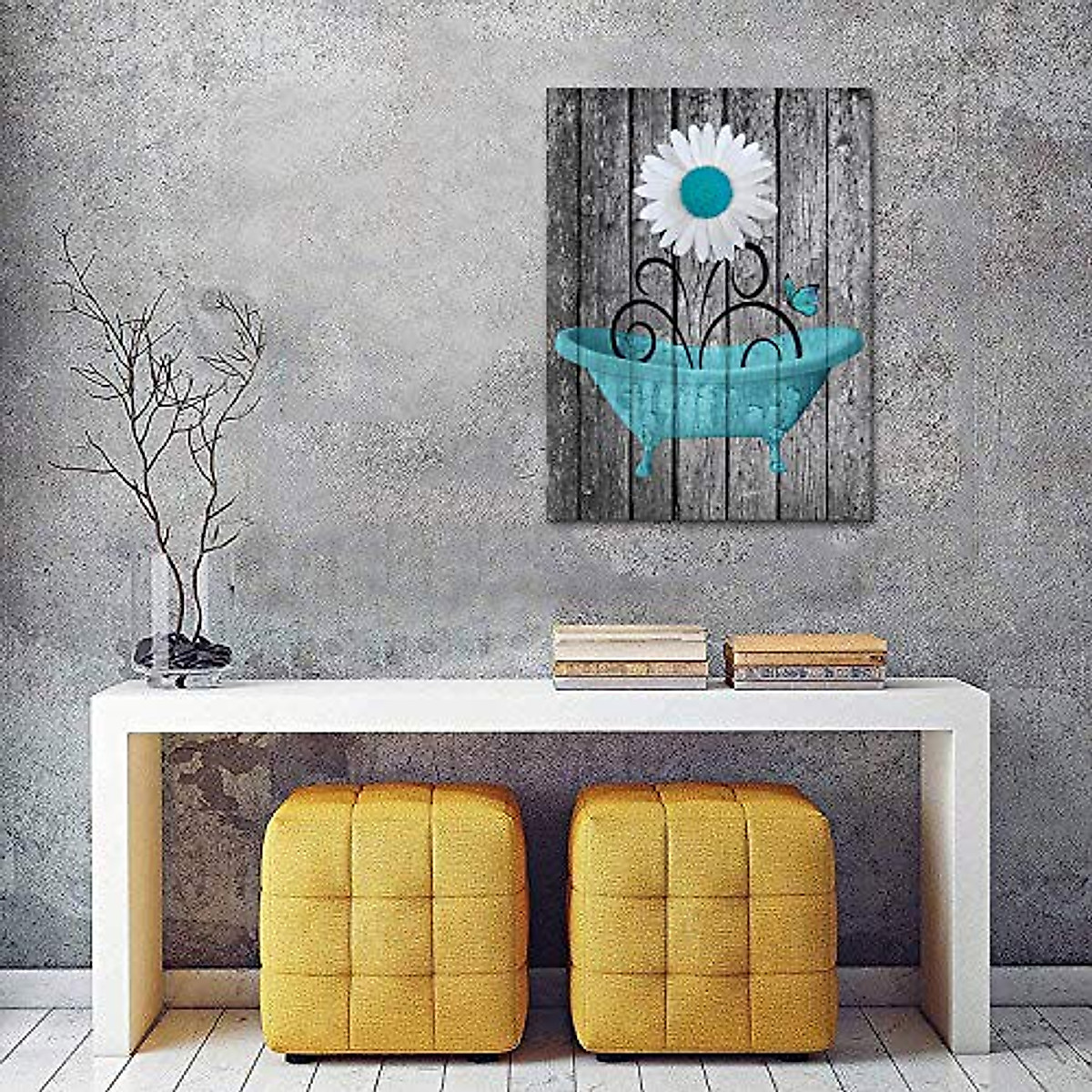Bathroom Wall Art Daisy Canvas Pictures Modern Flower Bathtub Artwork Rustic Wood Board Background Contemporary Wall Art Decor Bedroom Living Room Office Home Framed Ready to Hang Blue 12" x 16"