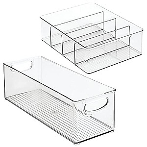 mDesign Kitchen Plastic Storage Organizer Combo Set of 2 Bins - For Kitchen, Pantry, Cabinet, Fridge/Freezer for Organizing Snacks, Produce, Vegetables, Pasta Food, 2 Piece Set - Clear