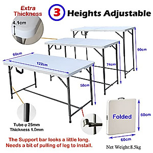 BOSOVEL 4ft Folding Table 3 Adjustable Height, 35 inch Height Portable Plastic Table for DJ Kitchen Party Camping Picnic Dining, Fold in Half w/Handle, White