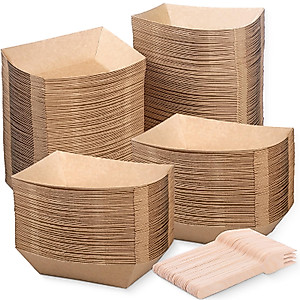 1000 Pcs Disposable Kraft Food Trays, Heavy Duty 2lb Coated Cardboard Food Boats, Disposable Wooden Forks Biodegradable Holds Nachos, Tacos, Hot Dogs and More Picnic Fiesta Camping Kiosk Supplies