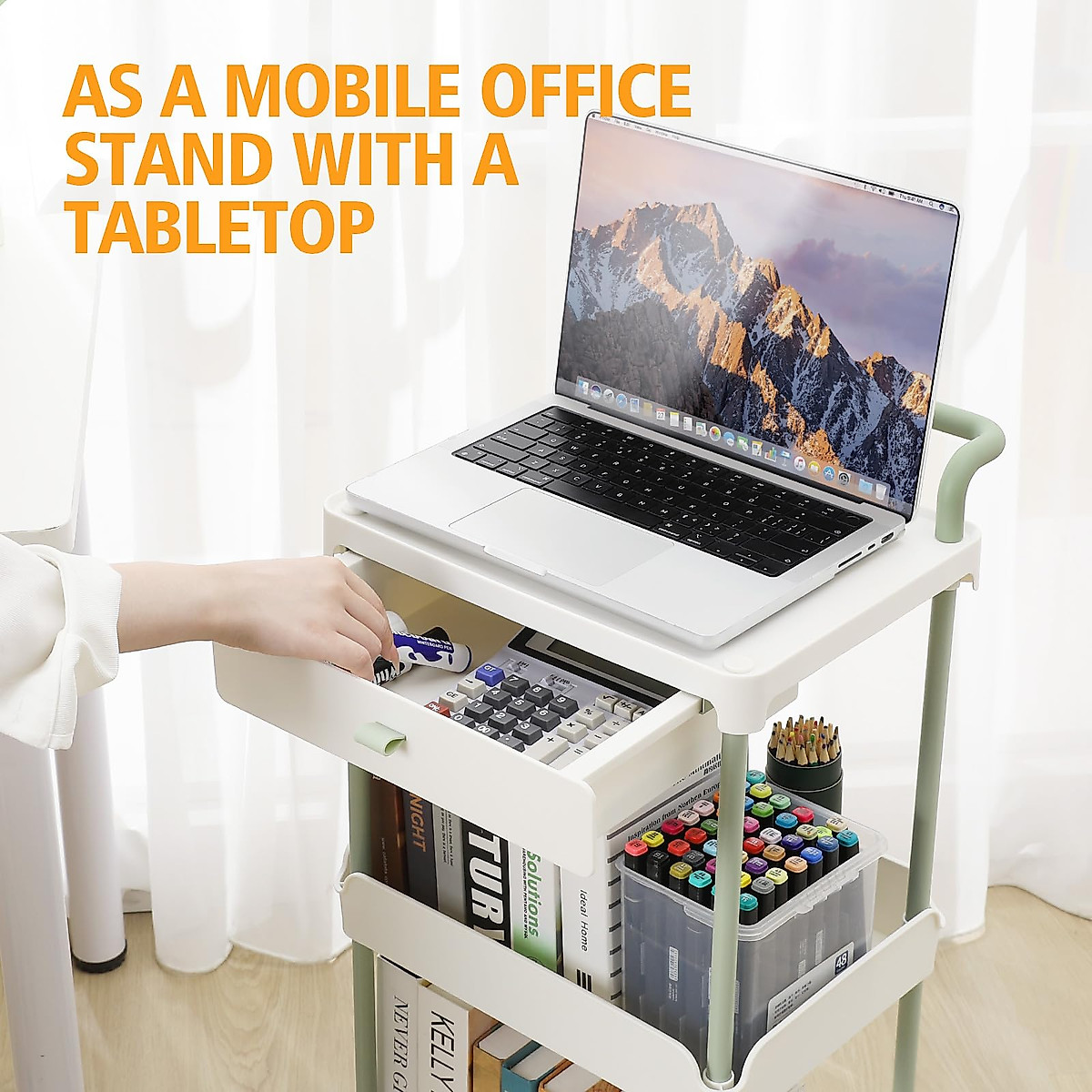 TOOLF Rolling Storage Cart with Drawer, 3 Tier Rolling Utility Cart with Tabletop, Rolling Cart Organizer for Teacher Craft Baby Nursery, Utility Cart for Kitchen Bathroom Bedside Office