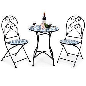 Giantex 3-Piece Patio Bistro Set, Outdoor Dining Set Round Table and 2 Folding Chairs, Mosaic Table with Floral Pattern Metal Frame, Garden Conversation Set for Deck Porch Poolside Yard Lawn
