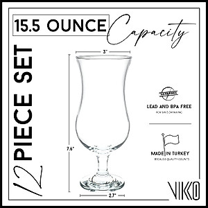 Vikko Hurricane Glasses, Set of 12 Pina Colada Glasses, 15.5 Ounce Cocktails Glasses Set, Durable Dishwasher Safe Party Glass