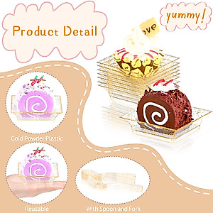 100 Pieces 1oz Mini Dessert Plates with Spoons Forks 2.4 inch Gold Glitter Disposable Square Appetizer Trays Small Clear Gold Tasting Plate for Dessert Salad Sauces Tastings Cake Wedding Party