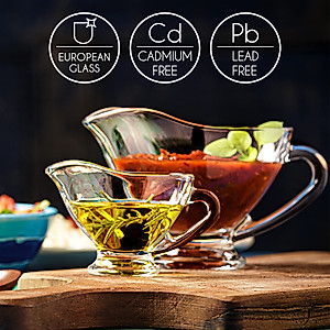 Crystalia Gravy Boat Saucer Set Clear Glass, Large and Small Condiment Appetizer Serving Bowl with Easy Grip Handle, Lead-Free Premium Clear Glass Set of 2
