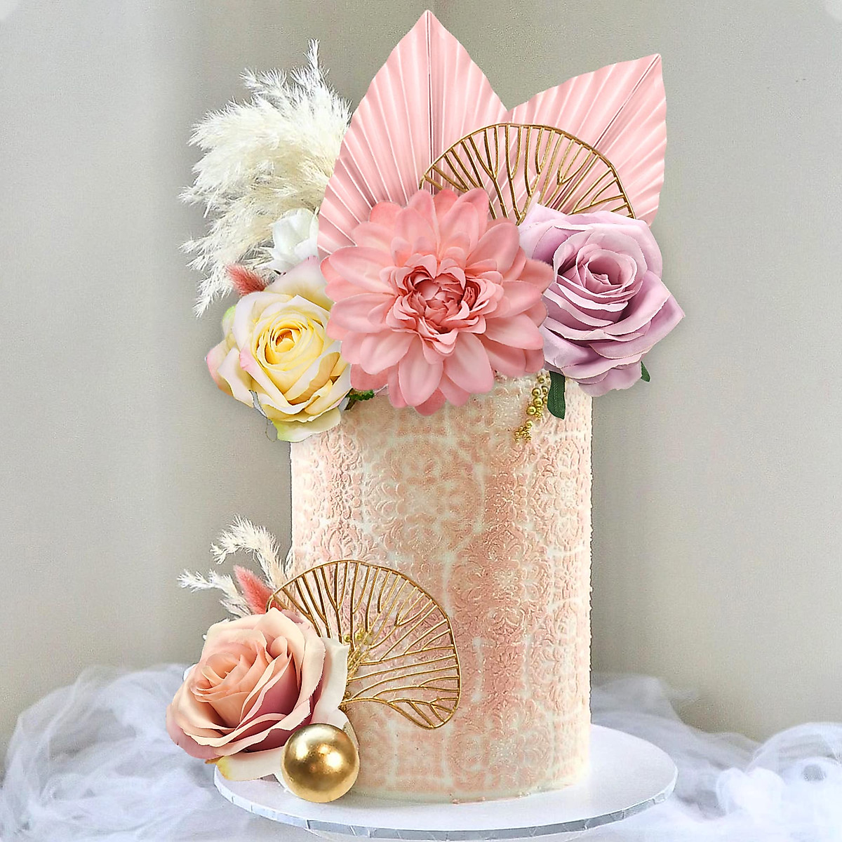 Boho Cake Topper Flower Cake Topper Pink Palm Leaves Cake Decorations with Artificial Rose Ginkgo Leaves and Balls for Wedding Baby Shower Birthday Boho Flower Themed Party Supplies (Pink)