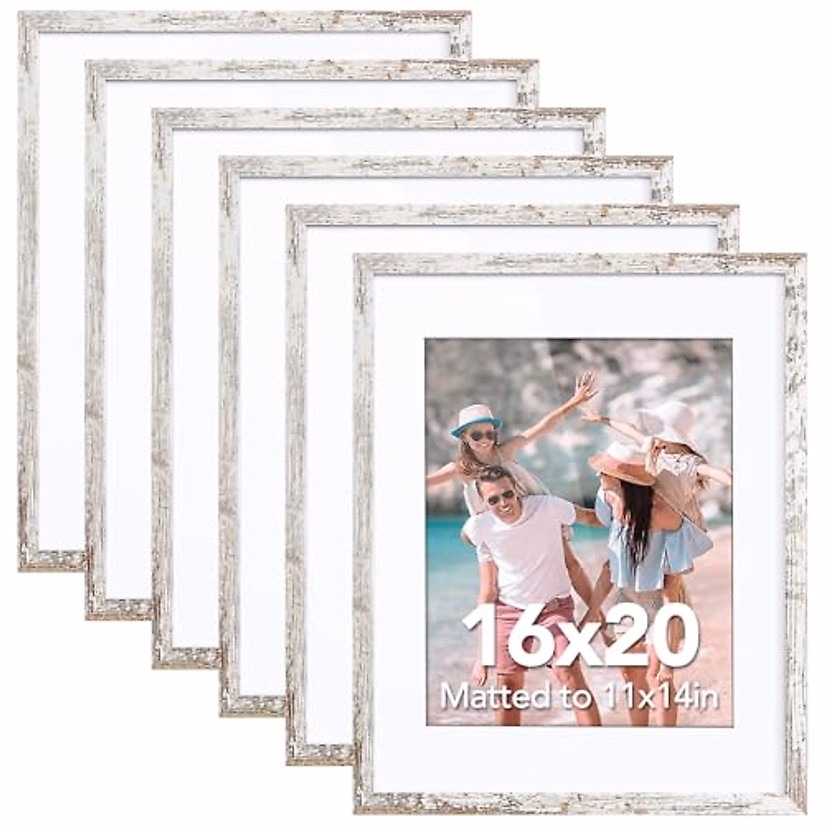 SYNTRIFIC 16x20 Picture Frames Set of 6, Distressed White Farmhouse Photo Frames Display Pictures 11x14 with Mat or 16x20 Without Mat, Wall Gallery Collage Photo Frames Home Decor Poster Frame