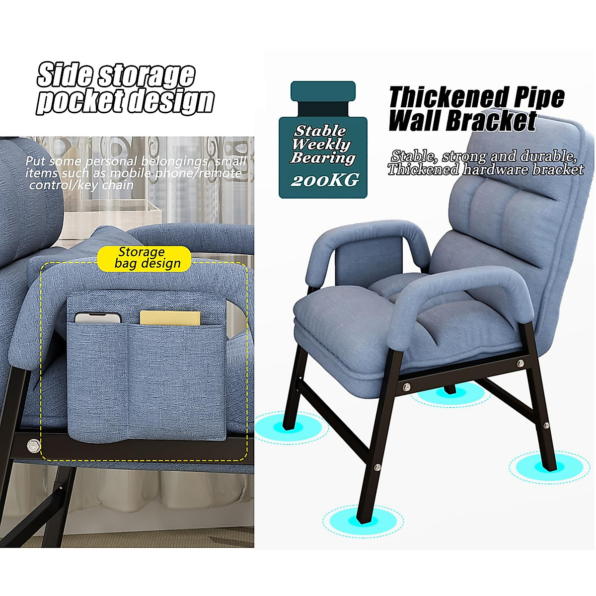 WFCCDM Relax Armchair Rocking Chairs Reclining Chair Lounge Seating Sofa Chair Occasional Side Chairs, Adjustable Footrest & Backrest, for Living Room Bedroom 50 * 51 * 102cm Blue