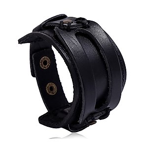 Nsitbbuery Hip Hop Snap Wristband Wide Leather Cuff Bracelet,7.5" Small Wrist(Black)