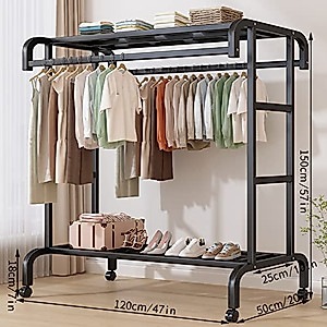 Qingluan Clothing Rack Heavy Duty Clothes Rack, Rolling Clothes Rack, Sturdy Metal Wardrobe Closet Rack for Hanging Clothes, Freestanding Closet Organizer, Max Load 520lbs,Black,47×20in/120×50cm