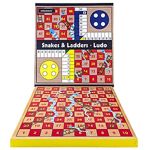 AMEROUS 12 inches Wooden Ludo Board Game - Snakes and Ladders, 2 in 1 Reversible, 1-4 Players Family Dice Games Set for Kids, Adults, Classics Tabletop Version (Gift Box Packed)
