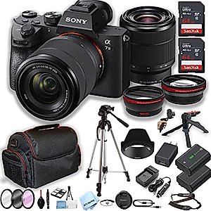 Sony a7 III Mirrorless Camera with 28-70mm Zoom Lens + 2pcs 64GB Memory + Case+ Tripod + Steady Grip Pod + Filters + Macro + 2X Lens + 2X Batteries + Accessory Bundle