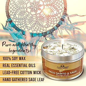 JUNIPERMIST Palo Santo & White Sage Smudge Candle - Pure Soy Candle for Cleansing House Negative Energy, Sedona Based Spiritual Aromatherapy