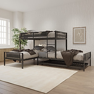 L-Shape Triple Bunk Bed with Trundle, Metal 3 Bed Bunk Beds with for Kids, Twin Size Corner Bunk Bed Frame with Wood Slats Support for 4 Teens, Textilene Guardrails, Black
