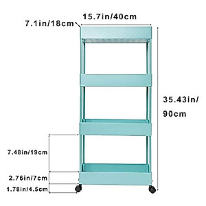 OVAKIA 4-Tier Slim Rolling Utility Cart Storage Shelves Trolley Storage Organizer Shelving Rack with Mesh Baskets/Wheel Casters for Laundry Pantry Bathroom Kitchen Office Narrow Places(Teal)