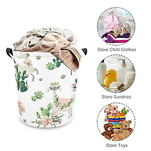 Cactus Floral Llama White Storage Basket Bin, Round Laundry Bakset Hamper Collapsible Nursery Bin with Handle for Clothes Toys Books Home Decor