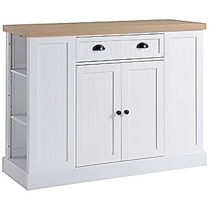 HOMCOM Fluted-Style Wooden Kitchen Island, Storage Cabinet w/Drawer, Open Shelving, and Interior Shelving for Dining Room, White