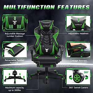 Green Gaming Chair, High Back Gamer Chair with Footrest, Recliner Computer Chair with Massage, Big and Tall Desk Chair for Gaming, Ergonomics Video Game Chair for Adults, Racing Gaming Chair for Teens