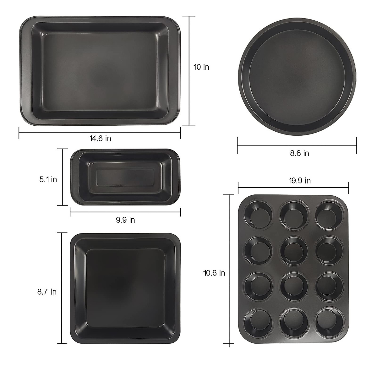 Baking Pans Sets Nonstick，5pcs Bakeware Sets with 12 Cup Cupcake Muffin pan,Round/Square Cake Pan, Muffin Pan, Loaf Pan, Roast Pan, Baking Sheets for Oven,Cookie Sheets for Baking,Toaster Oven Pans